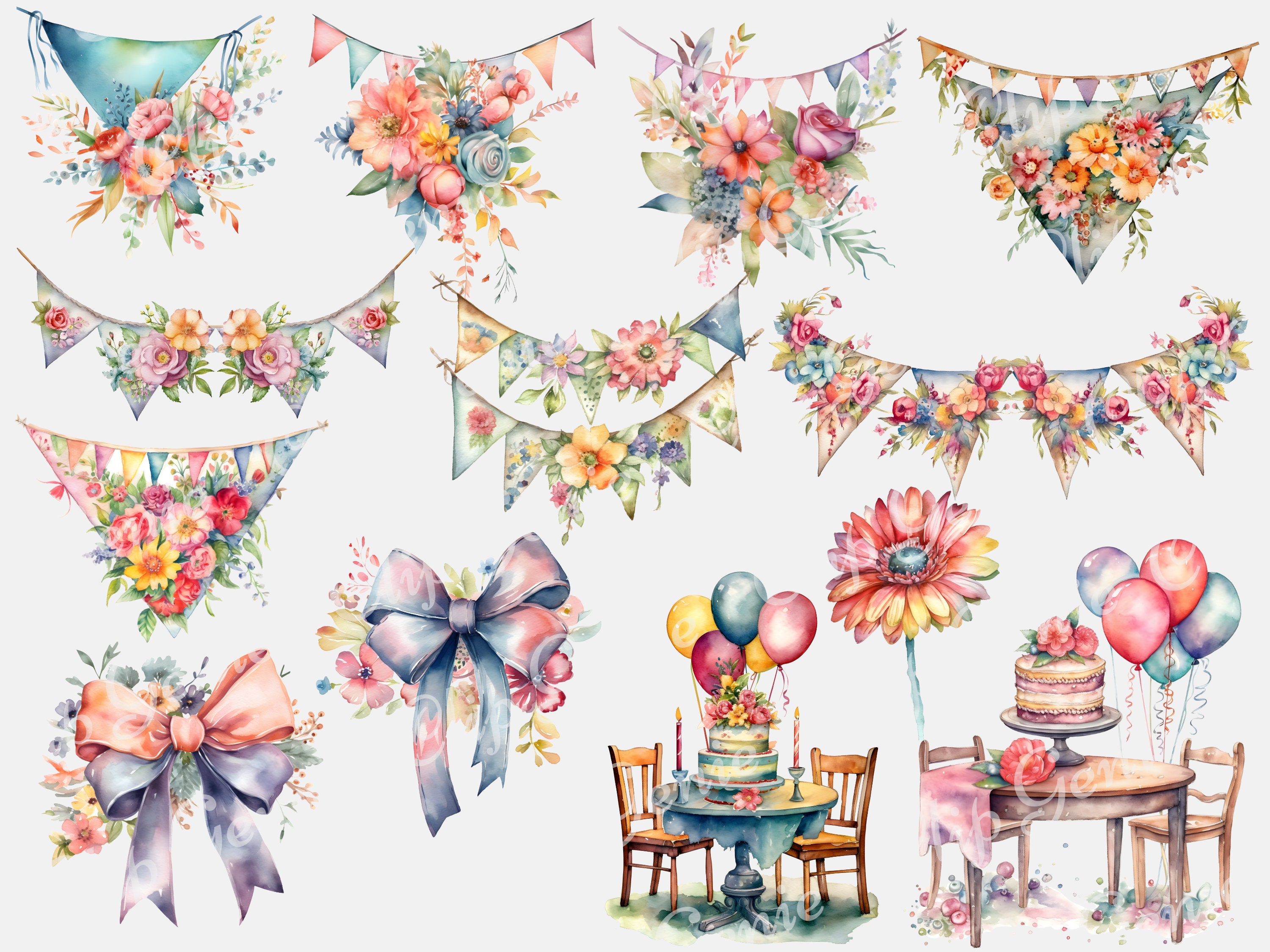 Boho Floral Birthday Clipart, Watercolor Designs (PNG Files) - Etsy