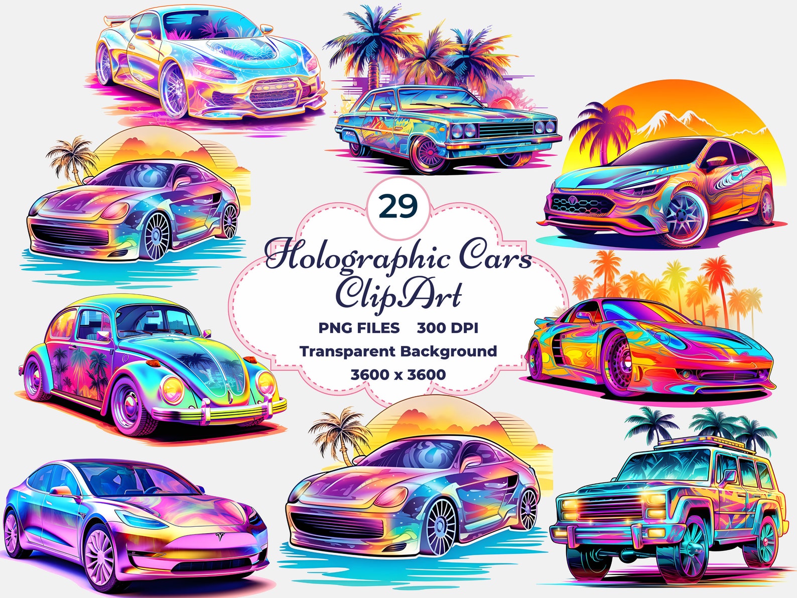 Holographic Cars Clipart, Retro Cars PNG, Colorful Cars, Sublimation - Etsy