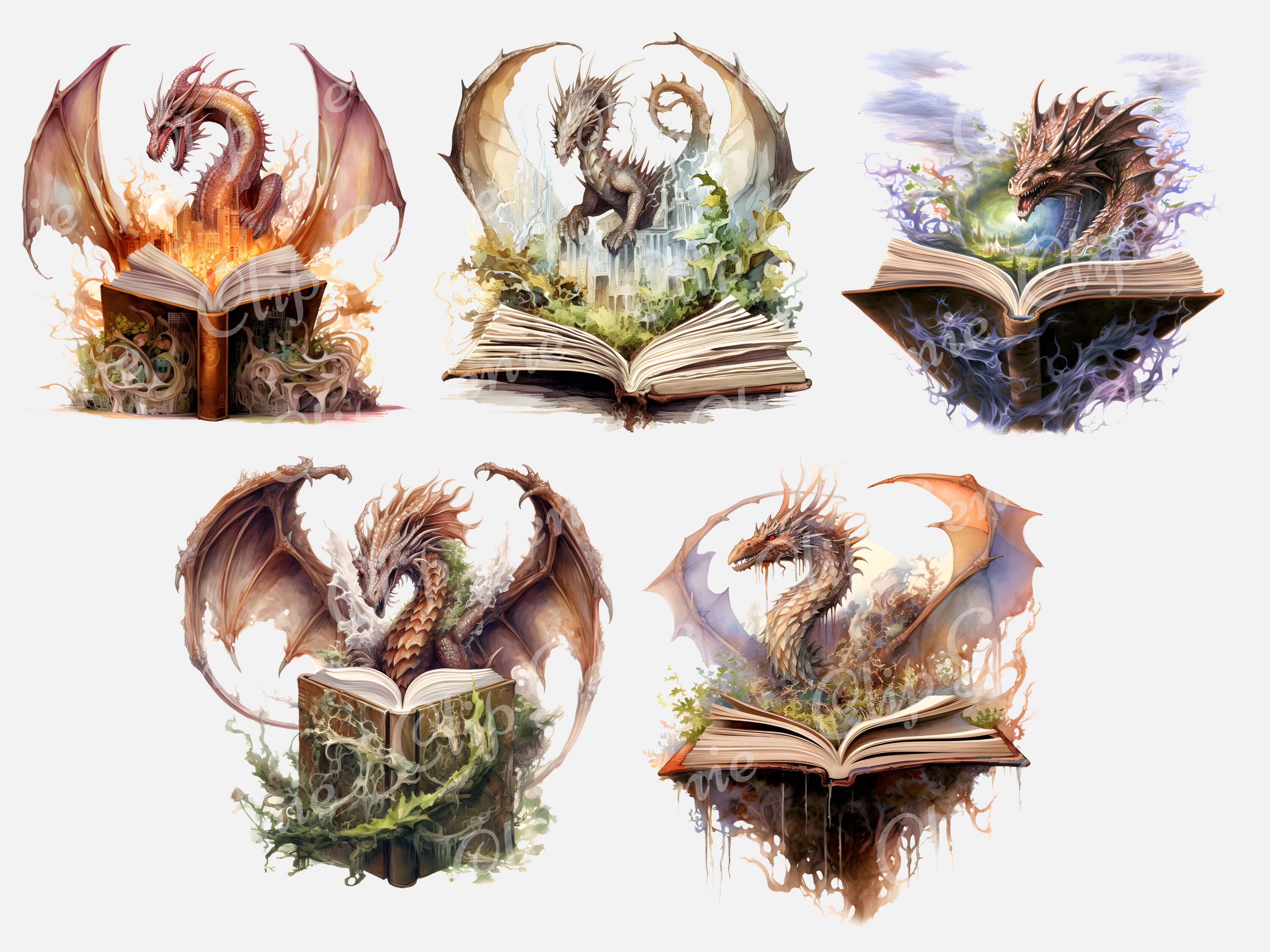 Dragon Book Clipart Watercolor Dragon Open Book PNG Magical - Etsy
