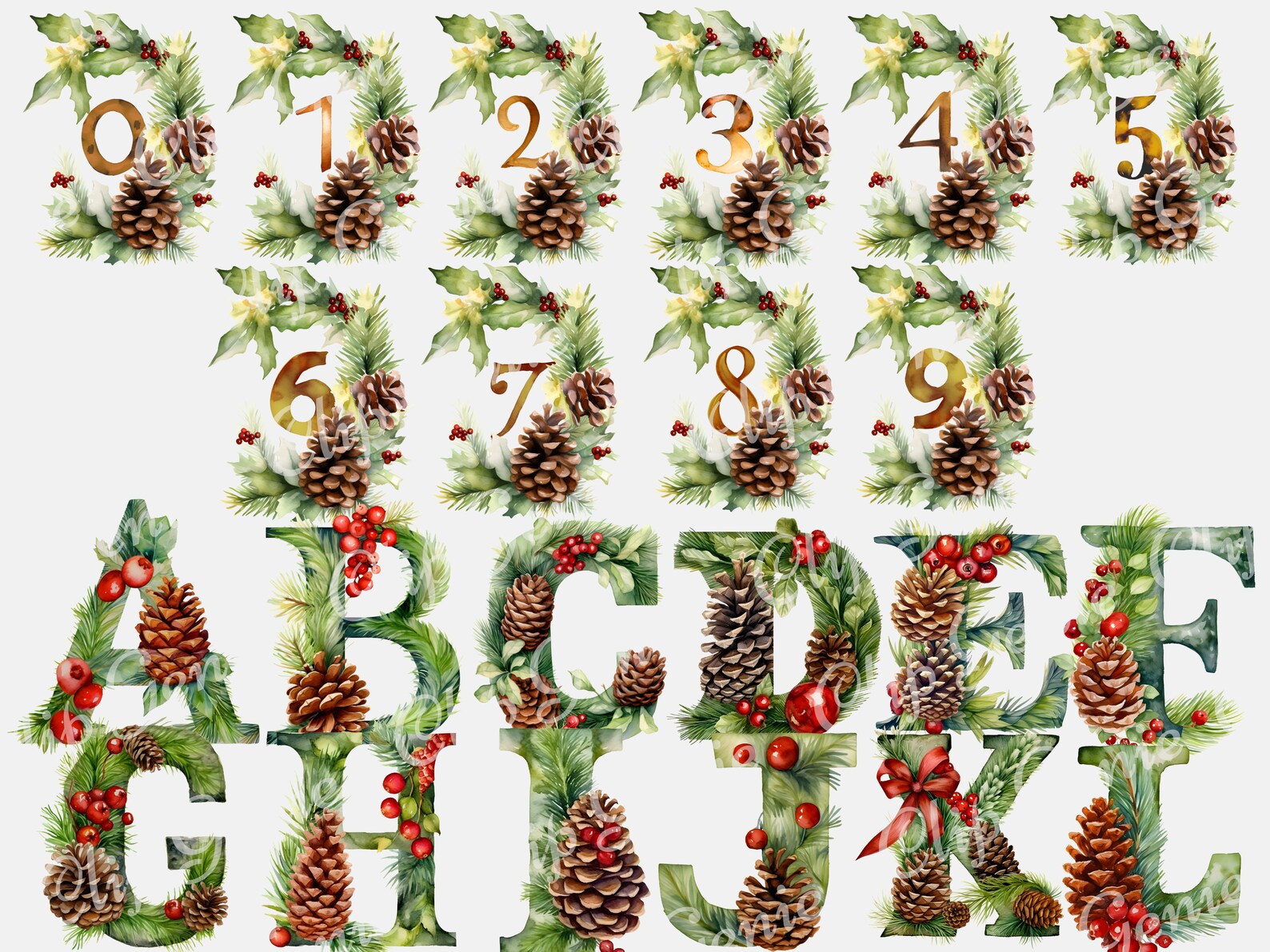 Christmas Greenery Clipart, Holly and Pine Alphabet PNG, Christmas ...
