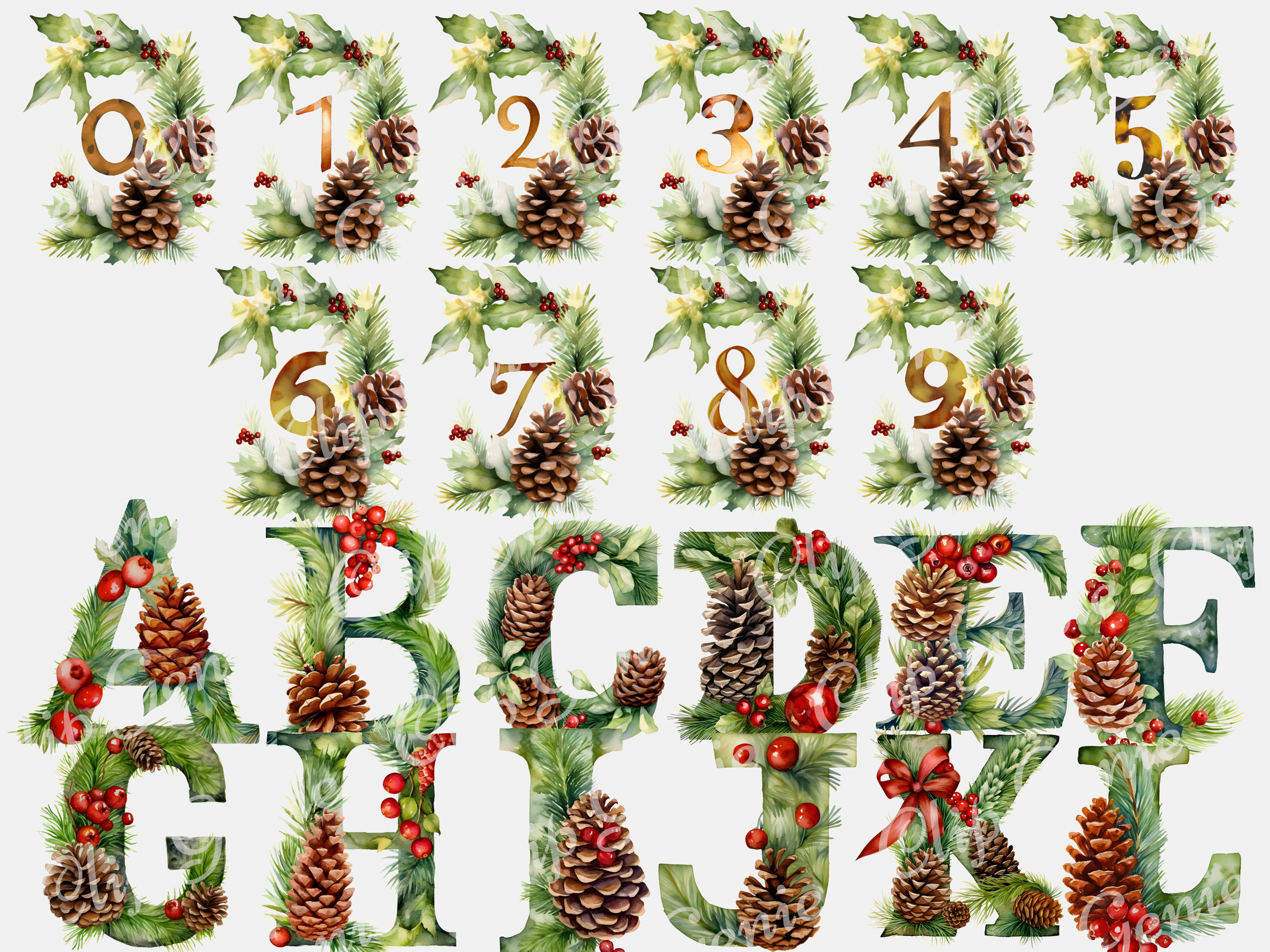 Christmas Greenery Clipart, Holly and Pine Alphabet PNG, Christmas ...