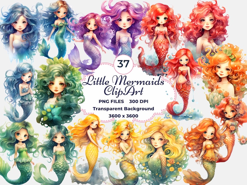 Little Mermaids Clipart Watercolor Colorful Mermaids PNG - Etsy