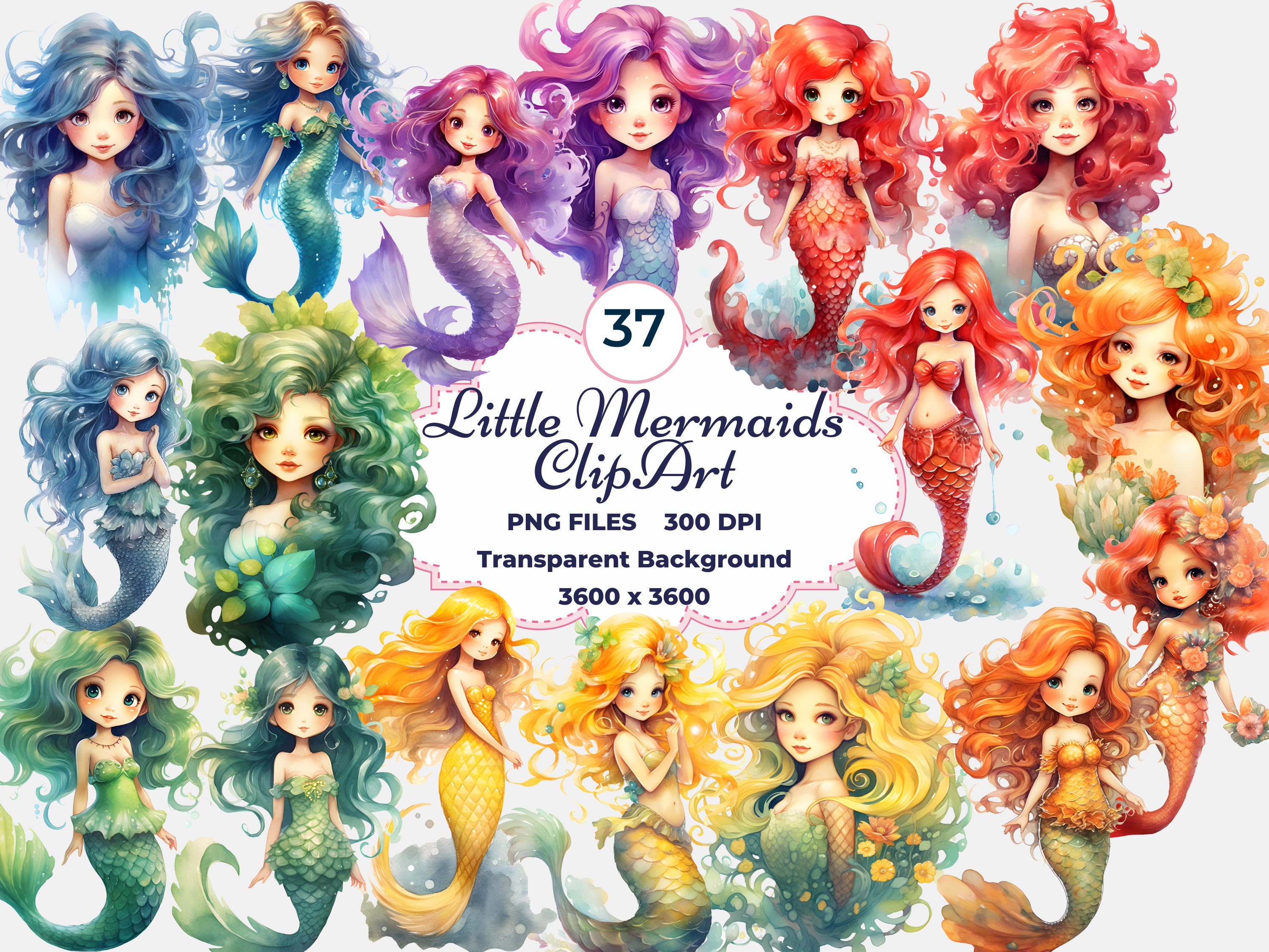 Little Mermaids Clipart Watercolor Colorful Mermaids PNG - Etsy
