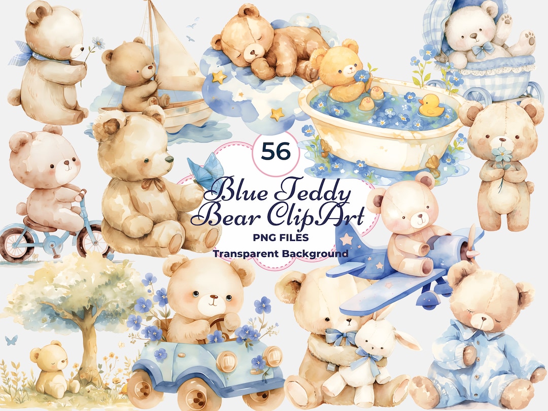 Blue Bear Clipart, Baby Bear PNG, Baby Shower, Baby Blue Nursery Decor ...