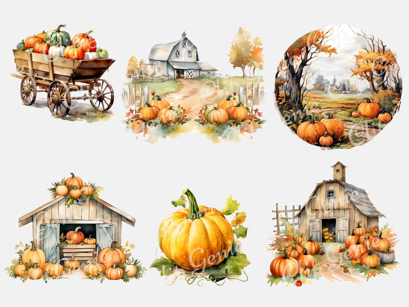 Watercolor Pumpkin Farm Clipart Fall Farm PNG Autumn Farm - Etsy