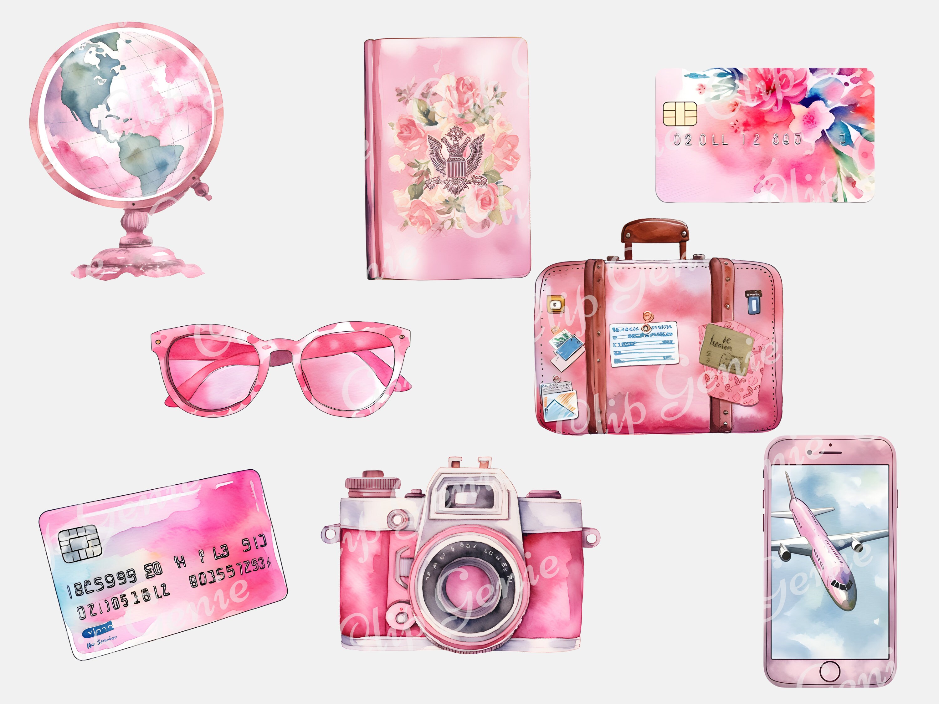 Watercolor Pink Travel Clipart Summer Vacation PNG Luggage - Etsy