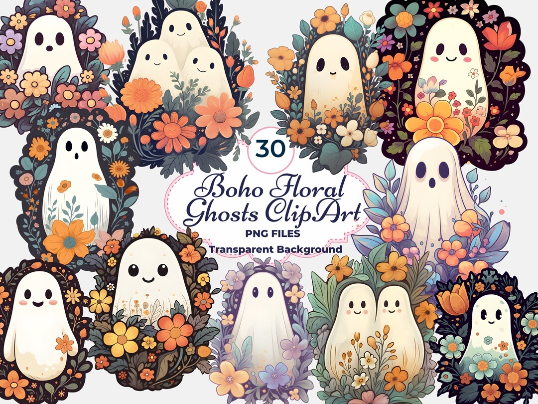 Boho Floral Ghosts Clipart, Boho Ghosts PNG, Halloween Ghosts Clipart ...