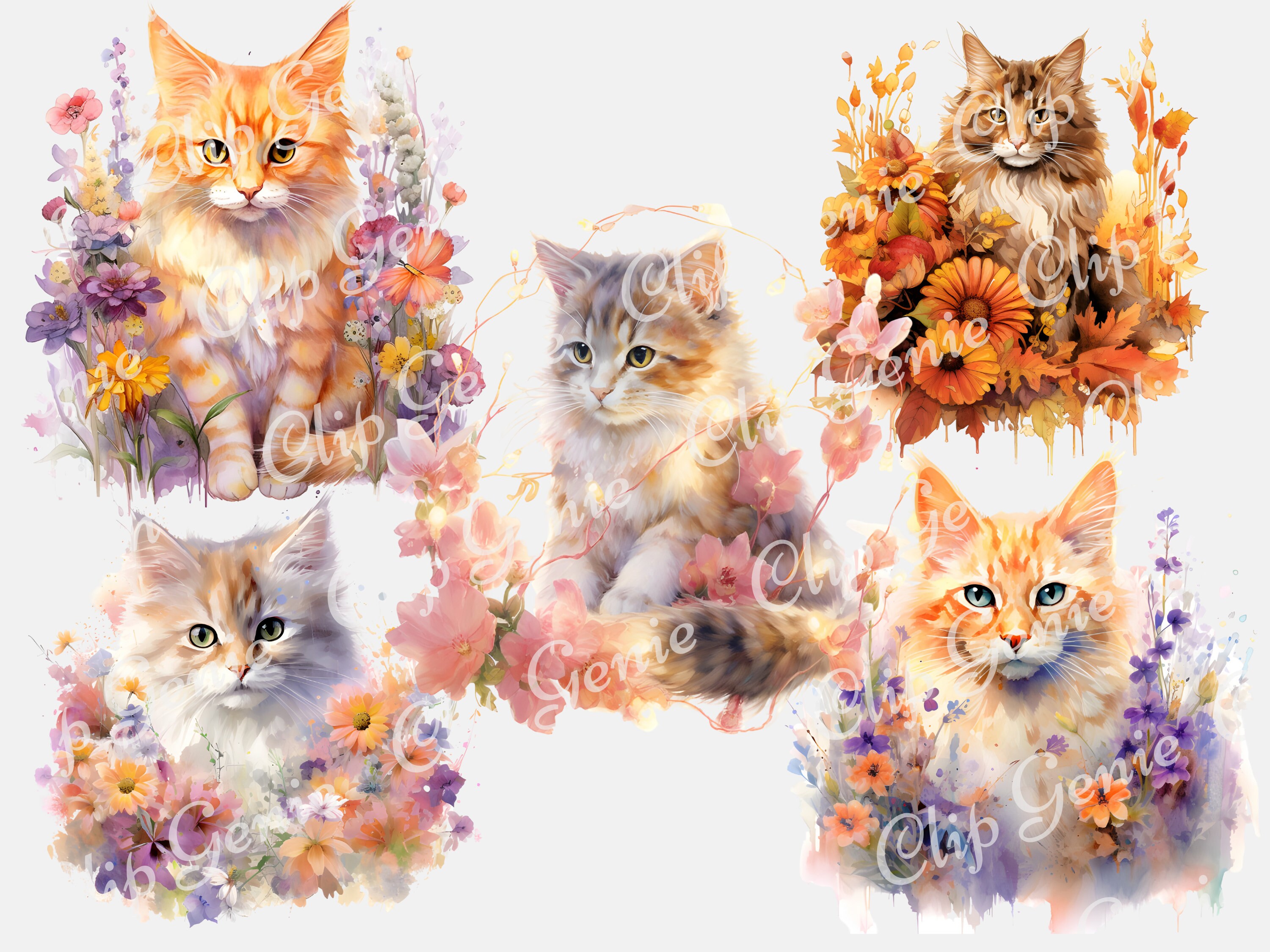 Watercolor Floral Cats Watercolor Cats Clipart Cats PNG - Etsy