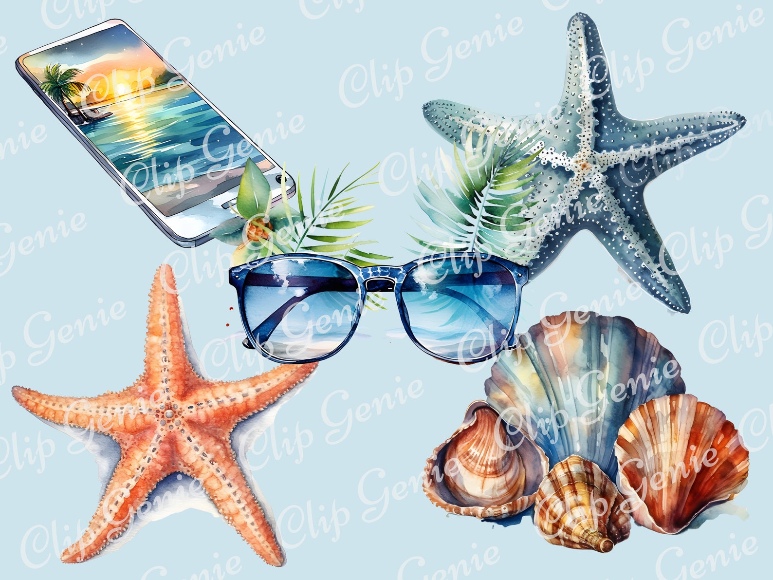 Watercolor Beach Clipart, Watercolor Summer Beach Clipart, Watercolor ...