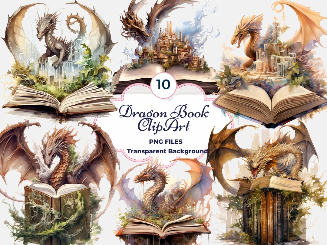 Dragon Book Clipart, Watercolor Dragon Open Book PNG, Magical Book PNG ...