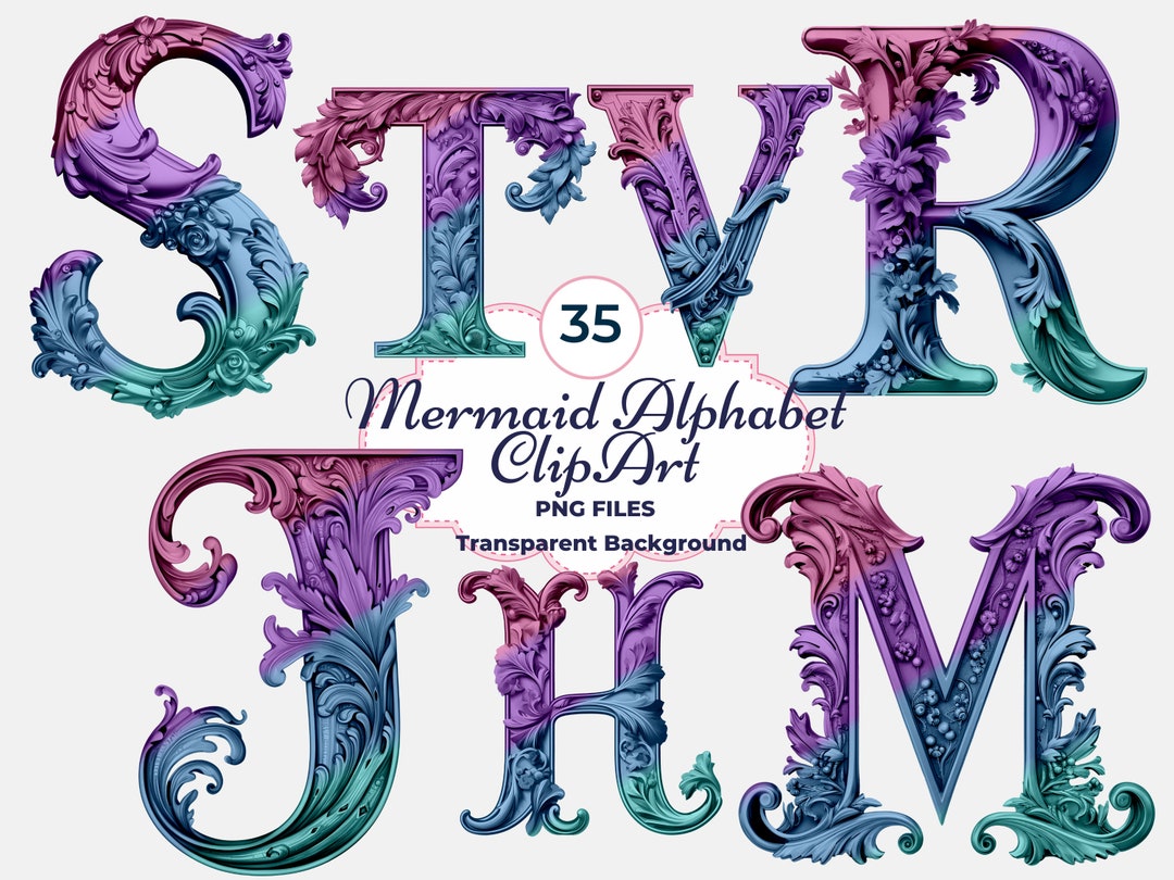 Mermaid Alphabet Clipart, Numbers PNG, Sublimation - Etsy