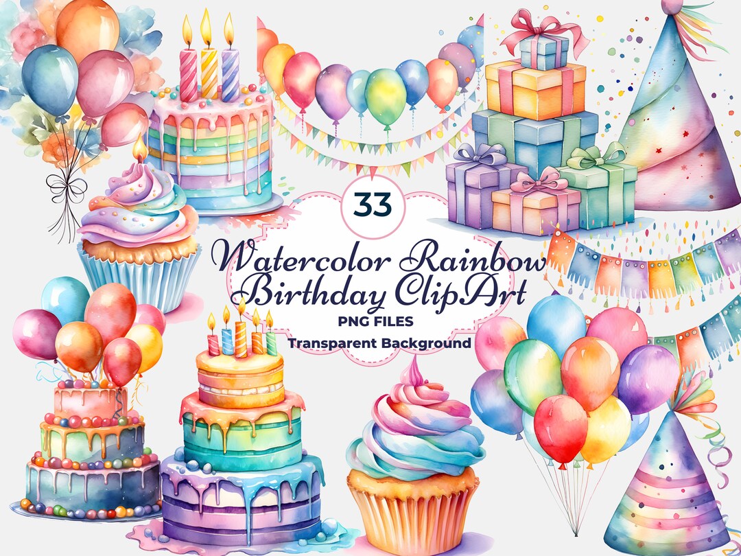Watercolor Rainbow Birthday Clipart, Rainbow Birthday PNG, Rainbow Cake ...