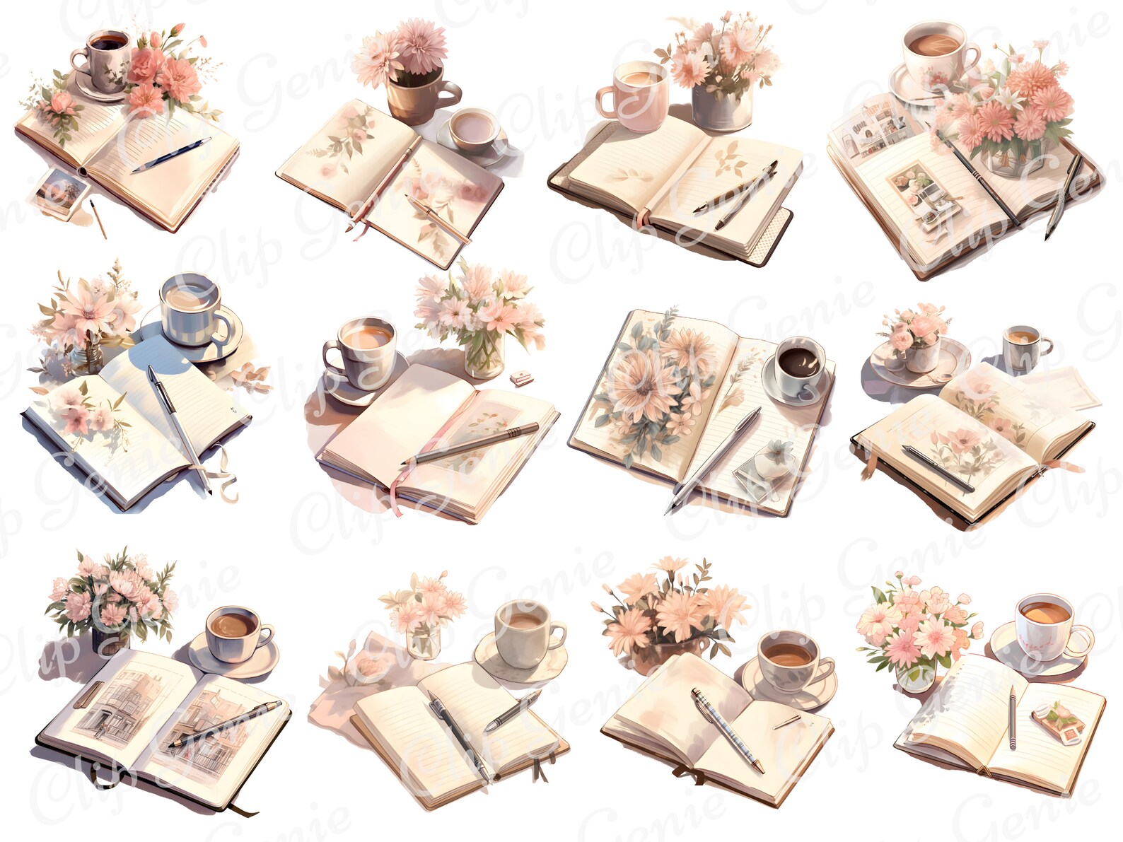 Watercolor Pink Journal Clipart, Coffee and Journaling Clipart, Journal ...