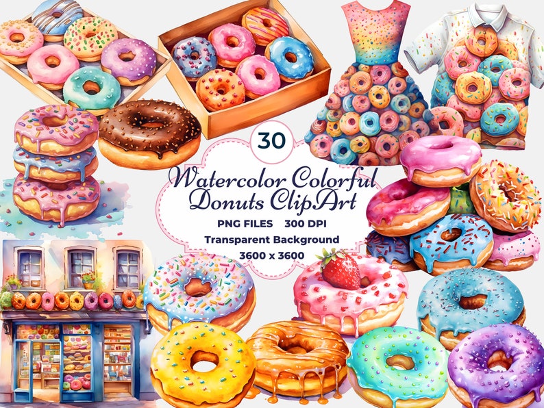 Colorful Donut Clipart Watercolor Donuts PNG Dessert PNG - Etsy