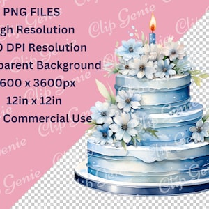 Blue Birthday Watercolor Clipart, Balloons, Cake (PNG Files) - Etsy