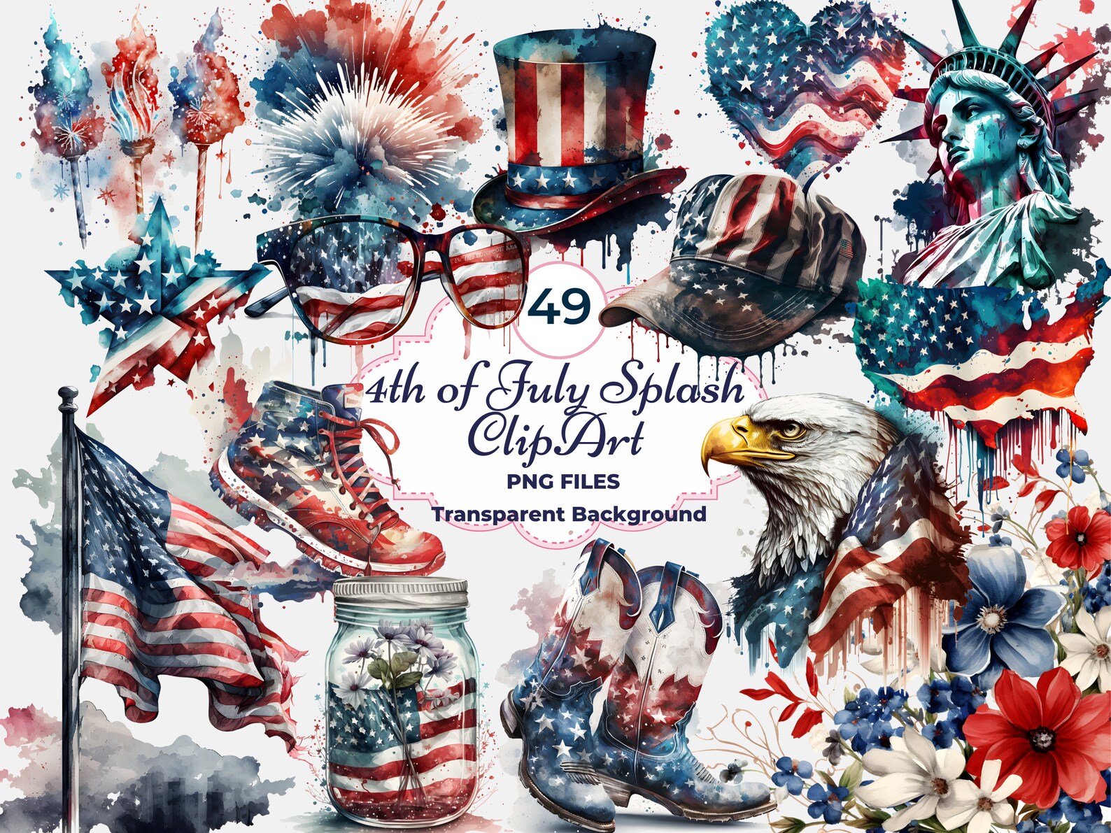 4th of July Watercolor Clipart Bundle, Patriotic PNG Graphics - Etsy