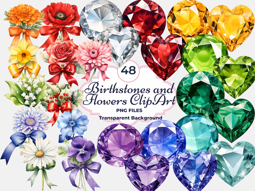Birth Stones and Flowers Clipart, Birth Stone Gems PNG, Birth Flowers ...