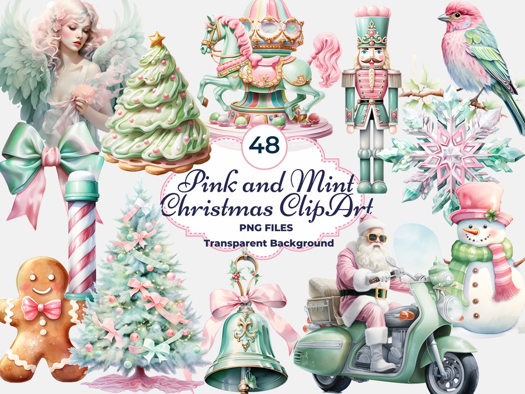 Pink and Mint Christmas Clipart, Pastel Christmas PNG, Santa, Snowman ...