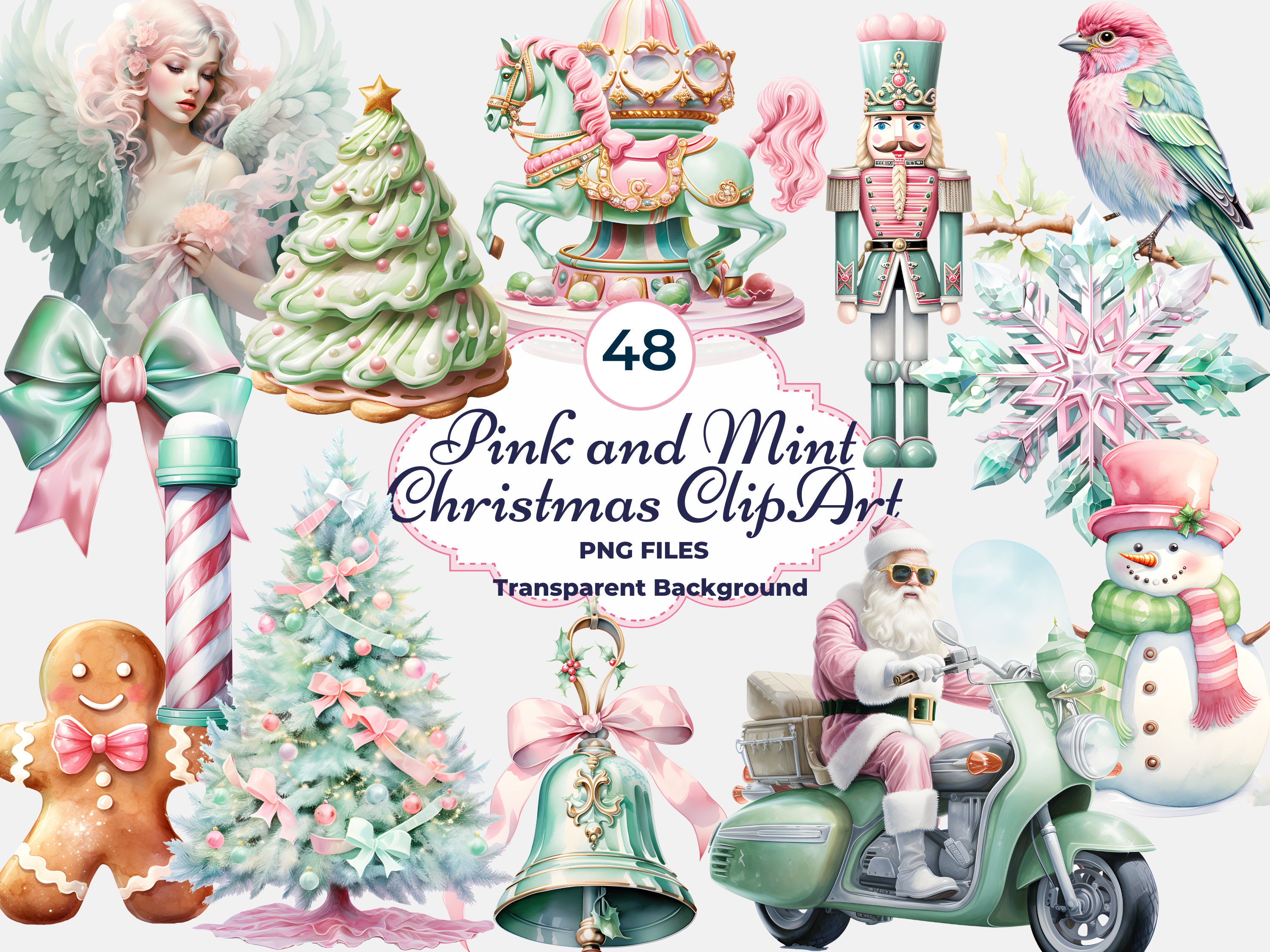 Pink and Mint Christmas Clipart, Pastel Christmas PNG, Santa, Snowman ...