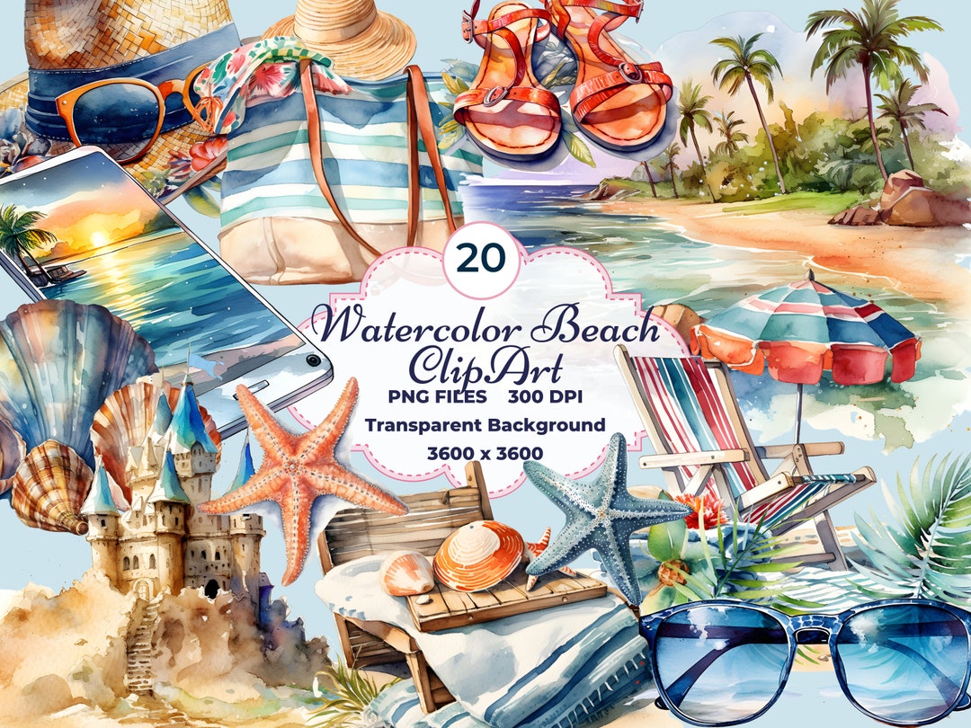 Watercolor Beach Clipart, Watercolor Summer Beach Clipart, Watercolor ...
