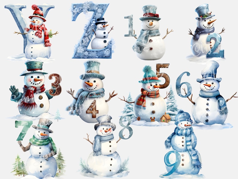 Snowman Alphabet Clipart, Snowman Letters and Numbers PNG, Holiday ...