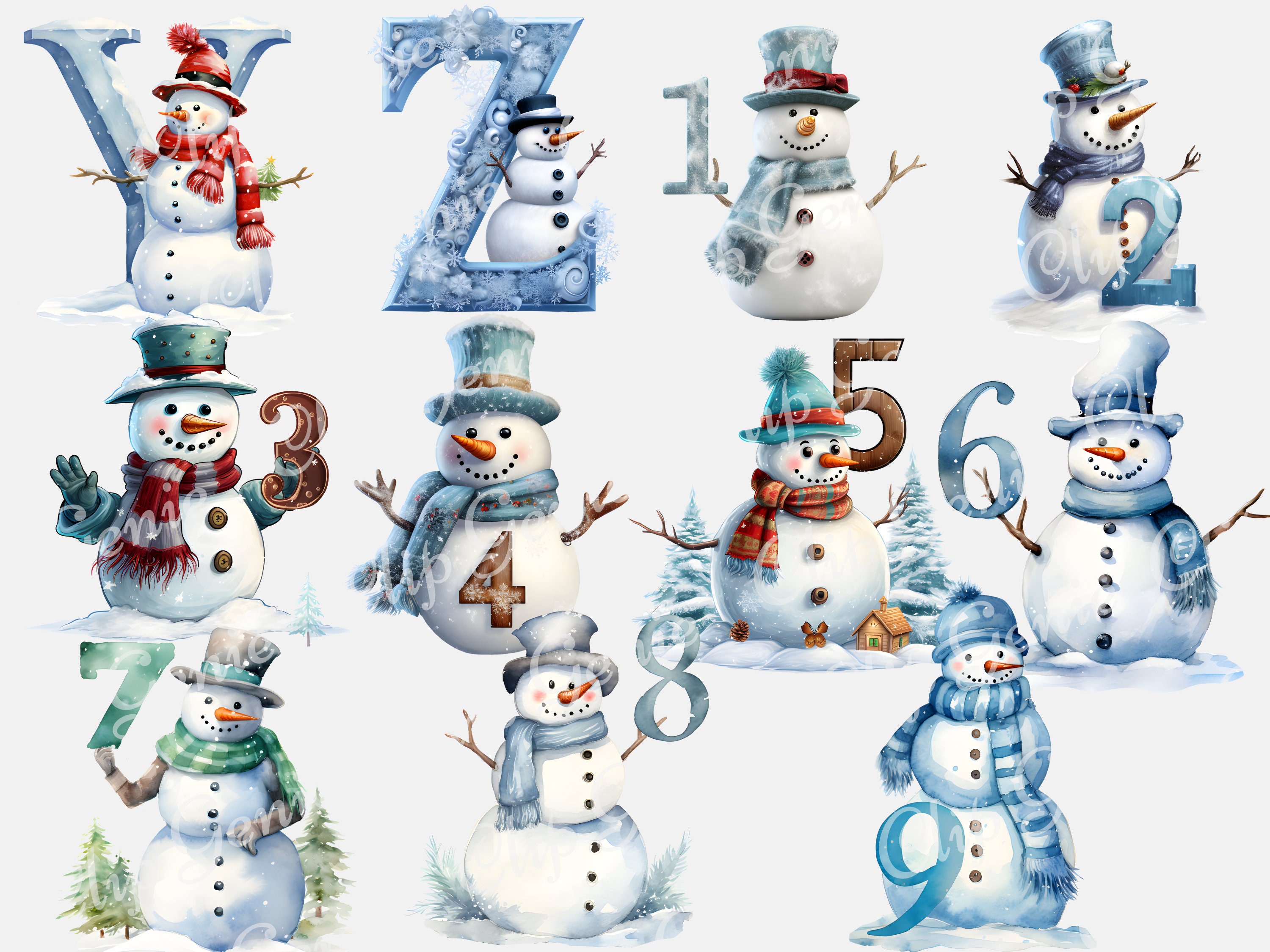 Snowman Alphabet Clipart, Snowman Letters and Numbers PNG, Holiday ...