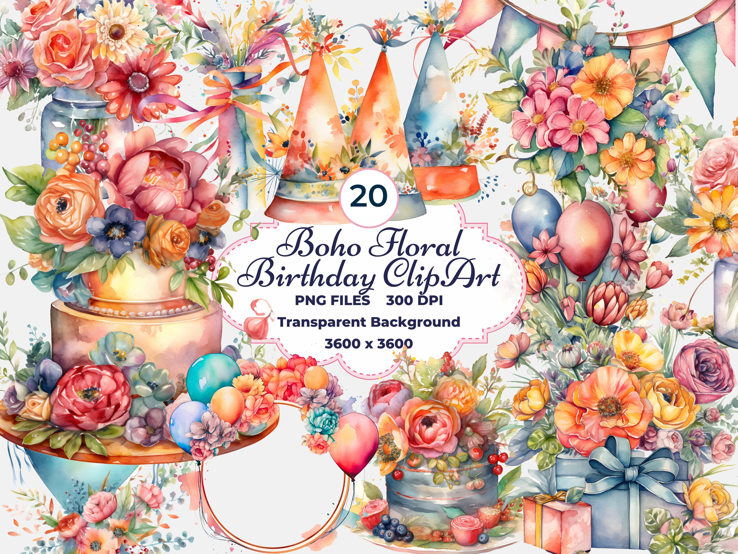 Boho Floral Birthday Clipart, Watercolor Birthday Clipart, Floral Party ...