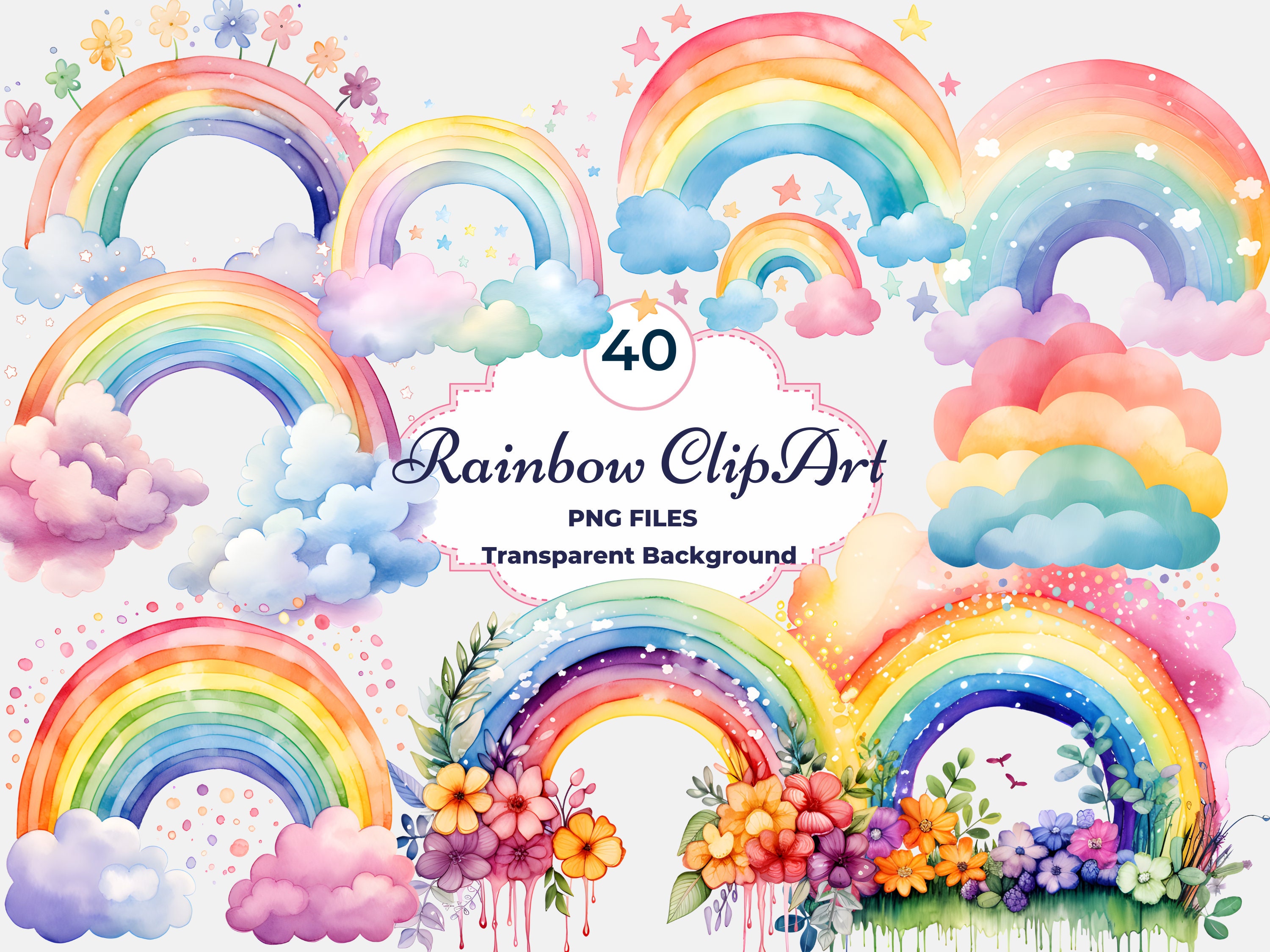 Watercolor Rainbow Clipart, Cute Rainbow PNG, Floral Rainbows, Children ...