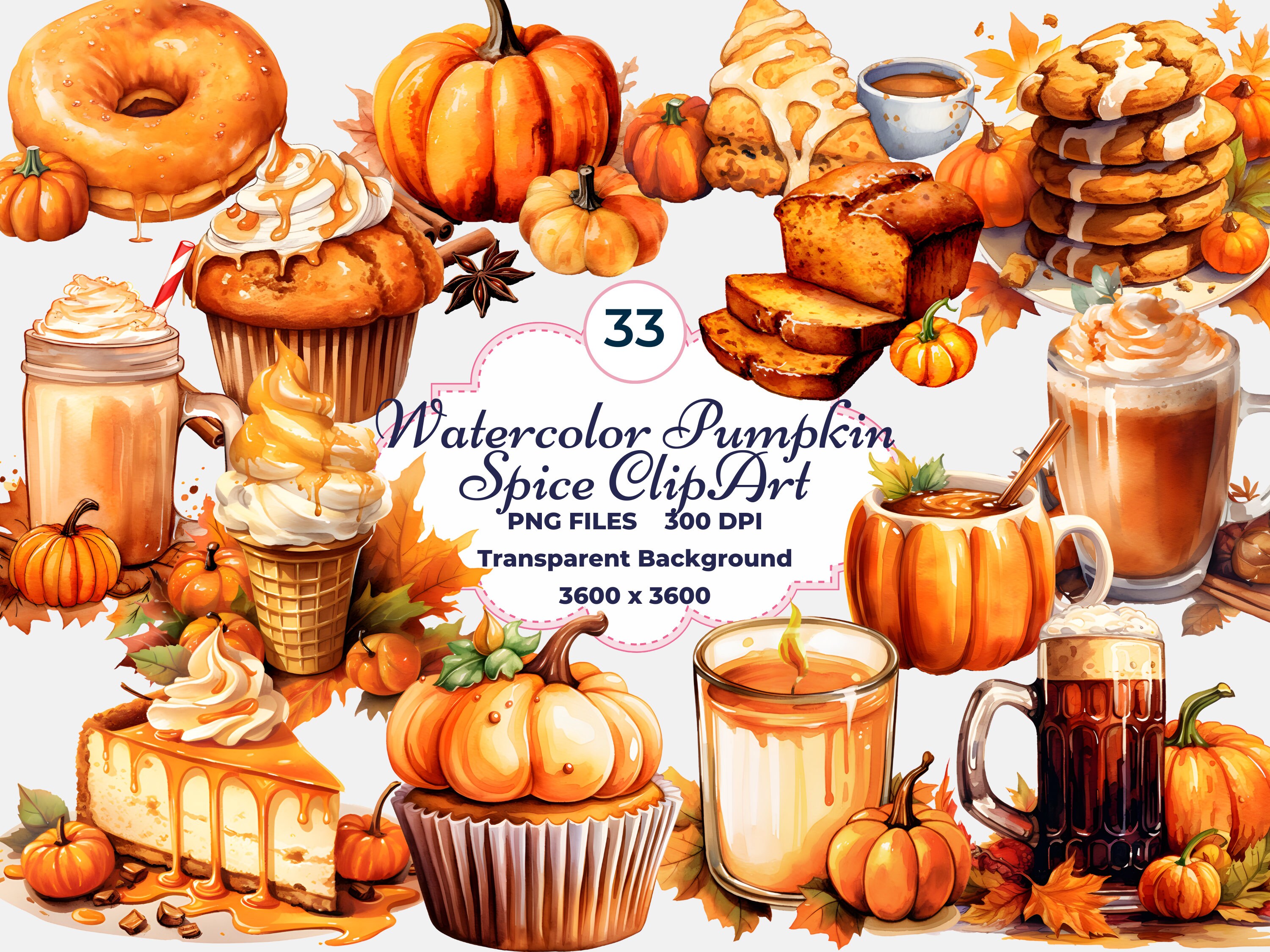 Watercolor Pumpkin Spice Clipart Fall PNG Autumn PNG Fall - Etsy