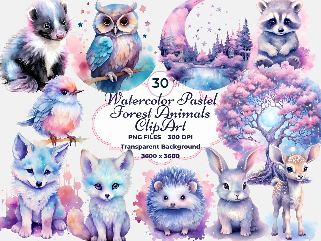 Watercolor Pastel Forest Animals Clipart, Woodland Animal PNG, Nursery ...
