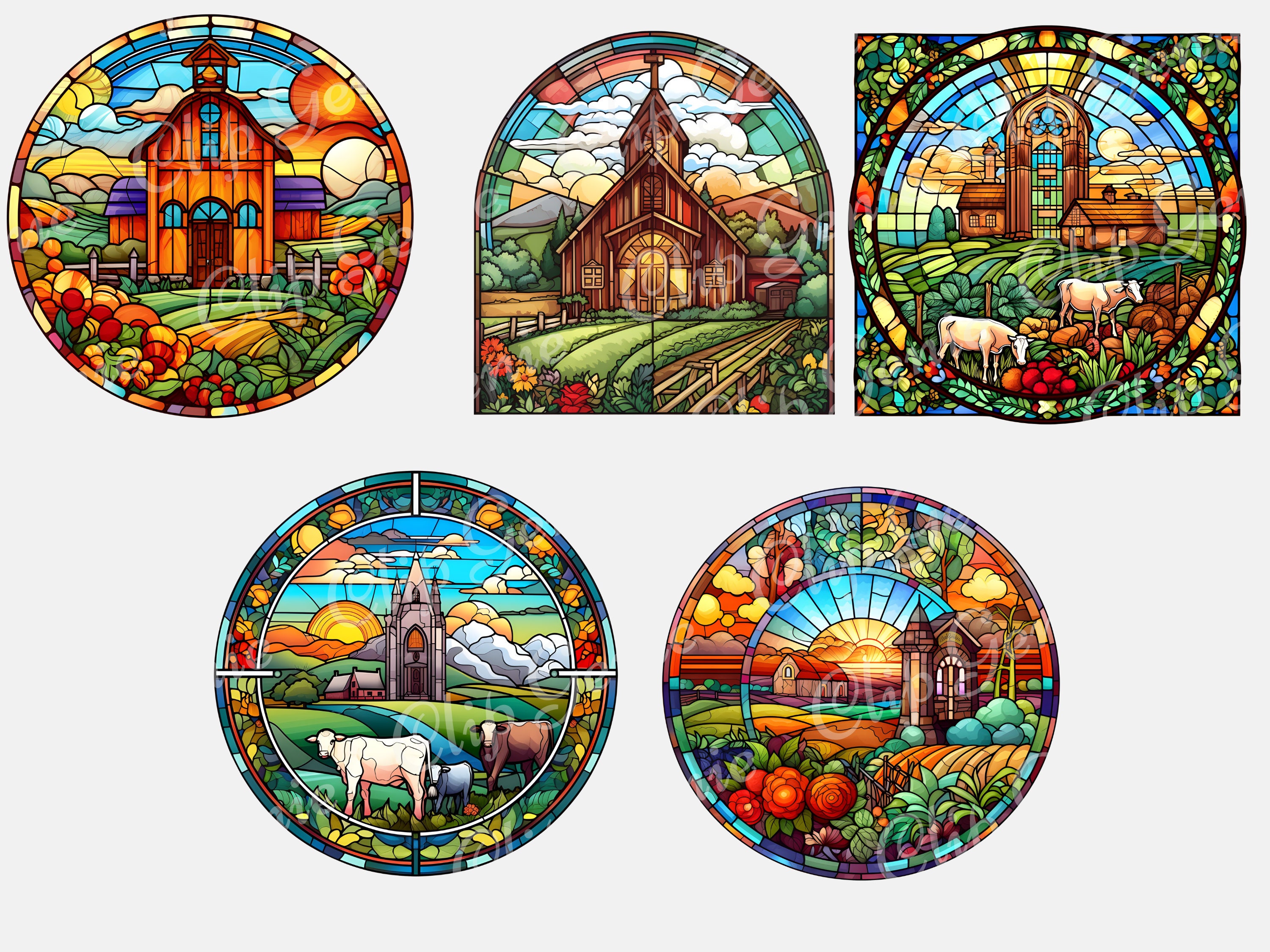 Stained Glass Farm Clipart, Farmhouse PNG, Beautiful Stained Glass Farm ...