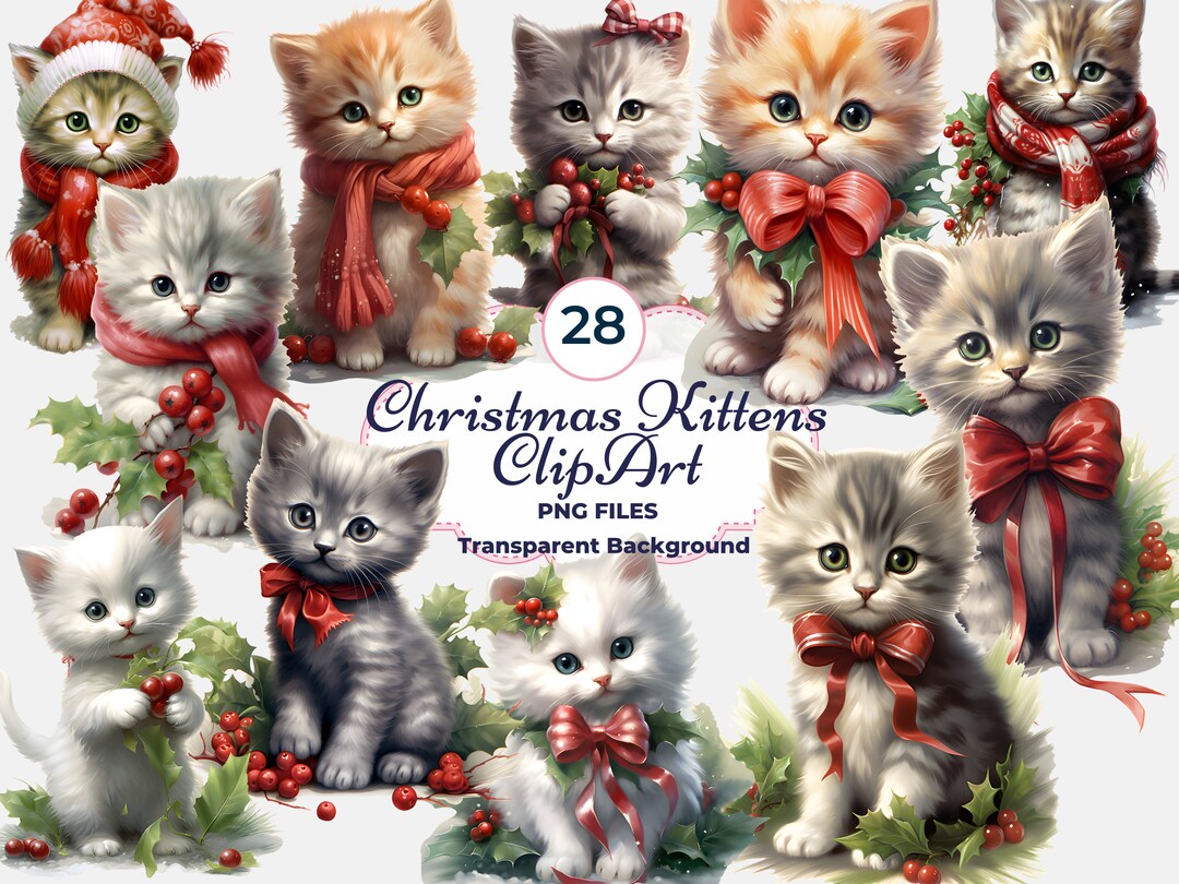 Christmas Kittens Clipart, Holiday Cats PNG, Cute Christmas Kittens ...