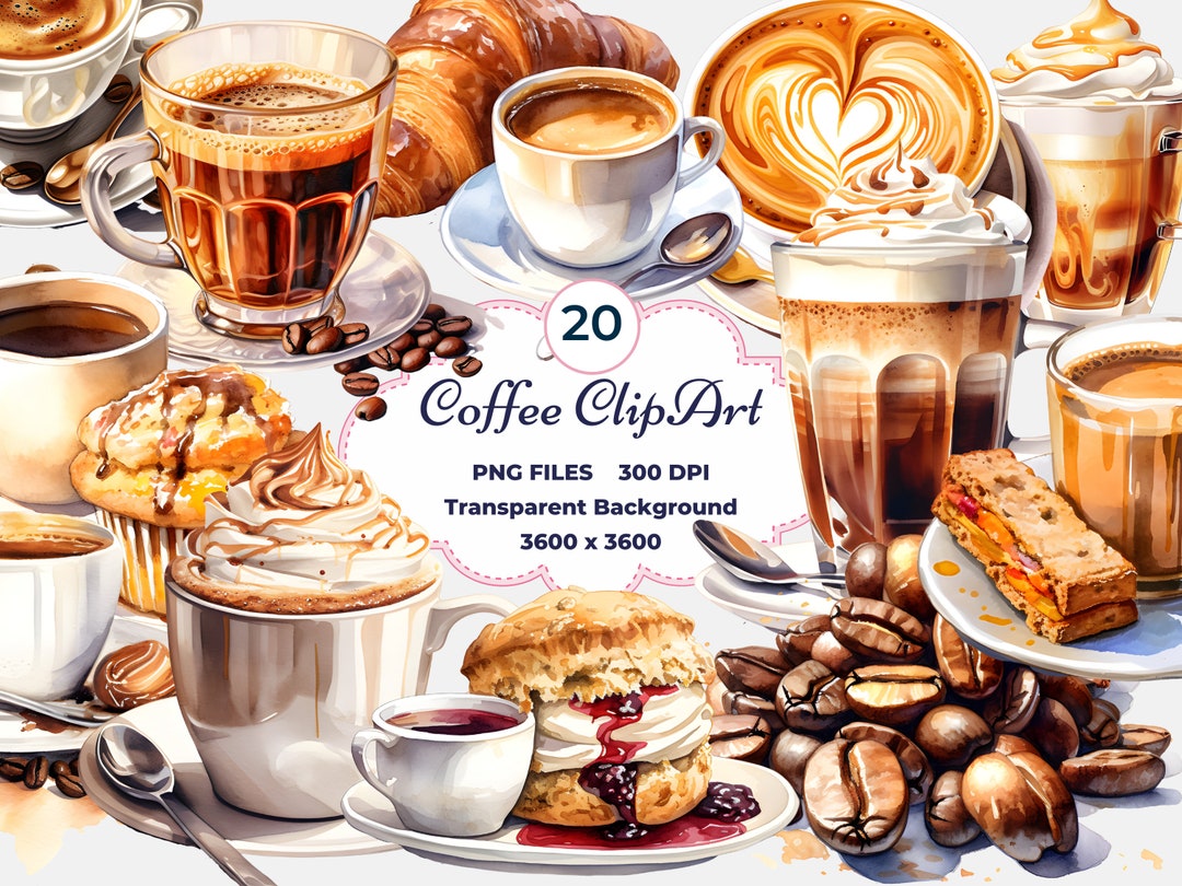 Watercolor Coffee Clipart: Coffee Mugs & Beans PNG (digital Download ...