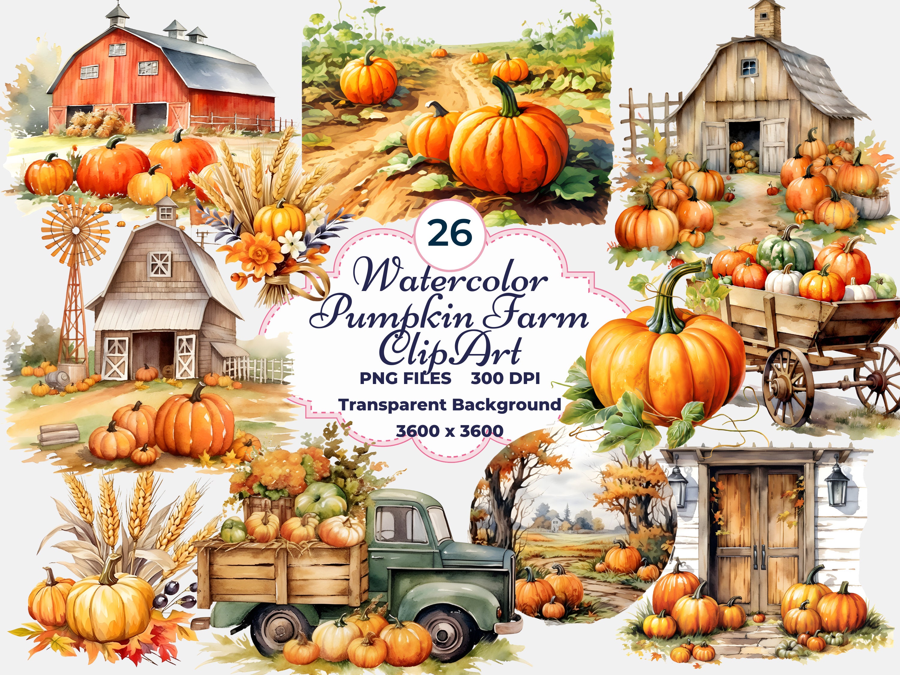 Watercolor Pumpkin Farm Clipart Fall Farm PNG Autumn Farm - Etsy