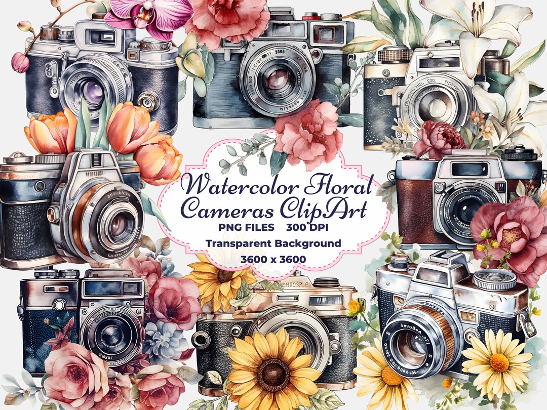 Watercolor Floral Cameras Clipart Floral Vintage Cameras - Etsy