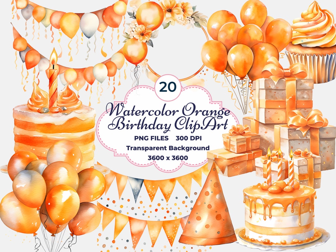 Orange Birthday Clipart, Watercolor Birthday PNG, Orange Balloons ...
