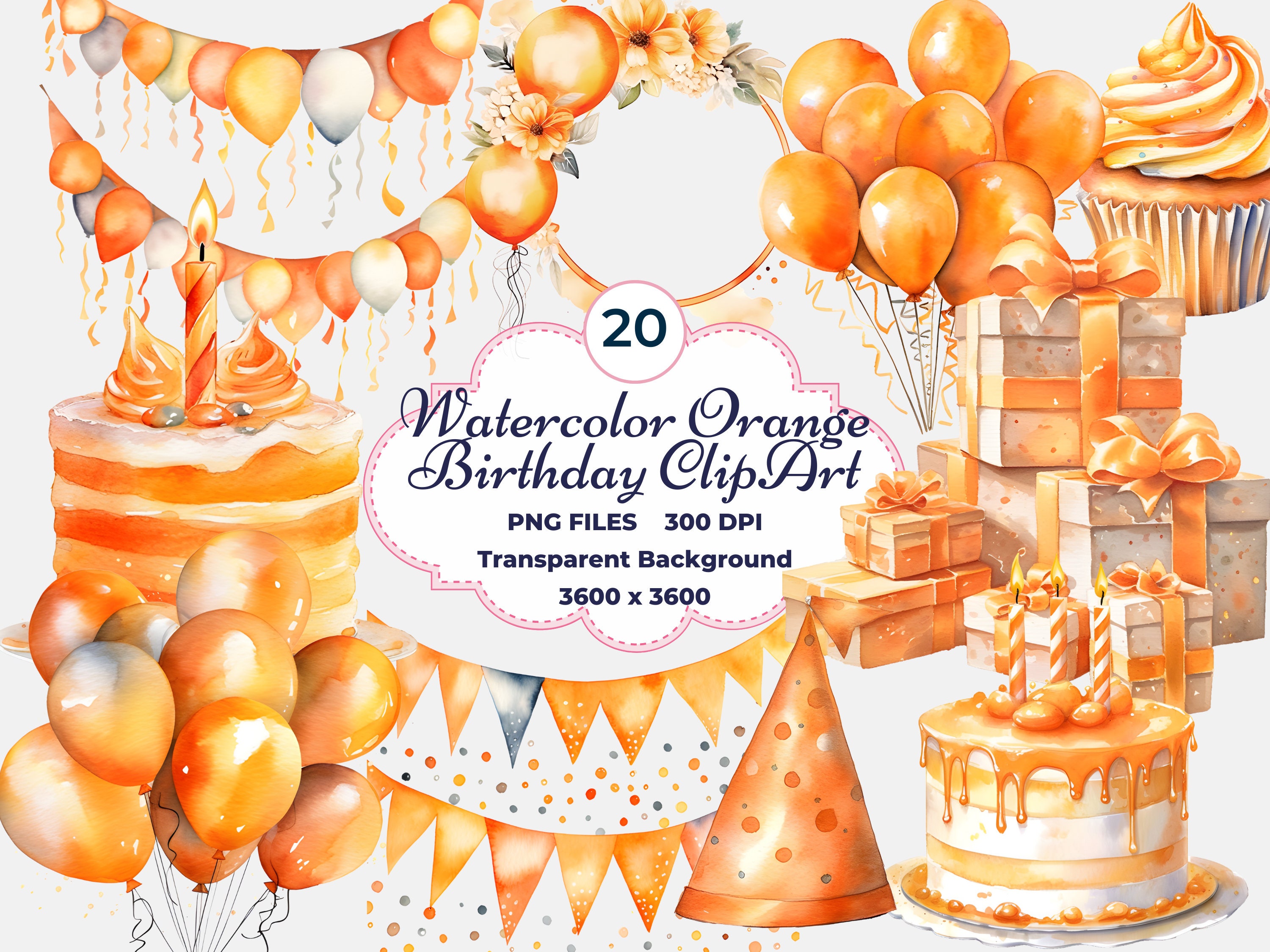 Orange Birthday Clipart, Watercolor Birthday PNG, Orange Balloons ...