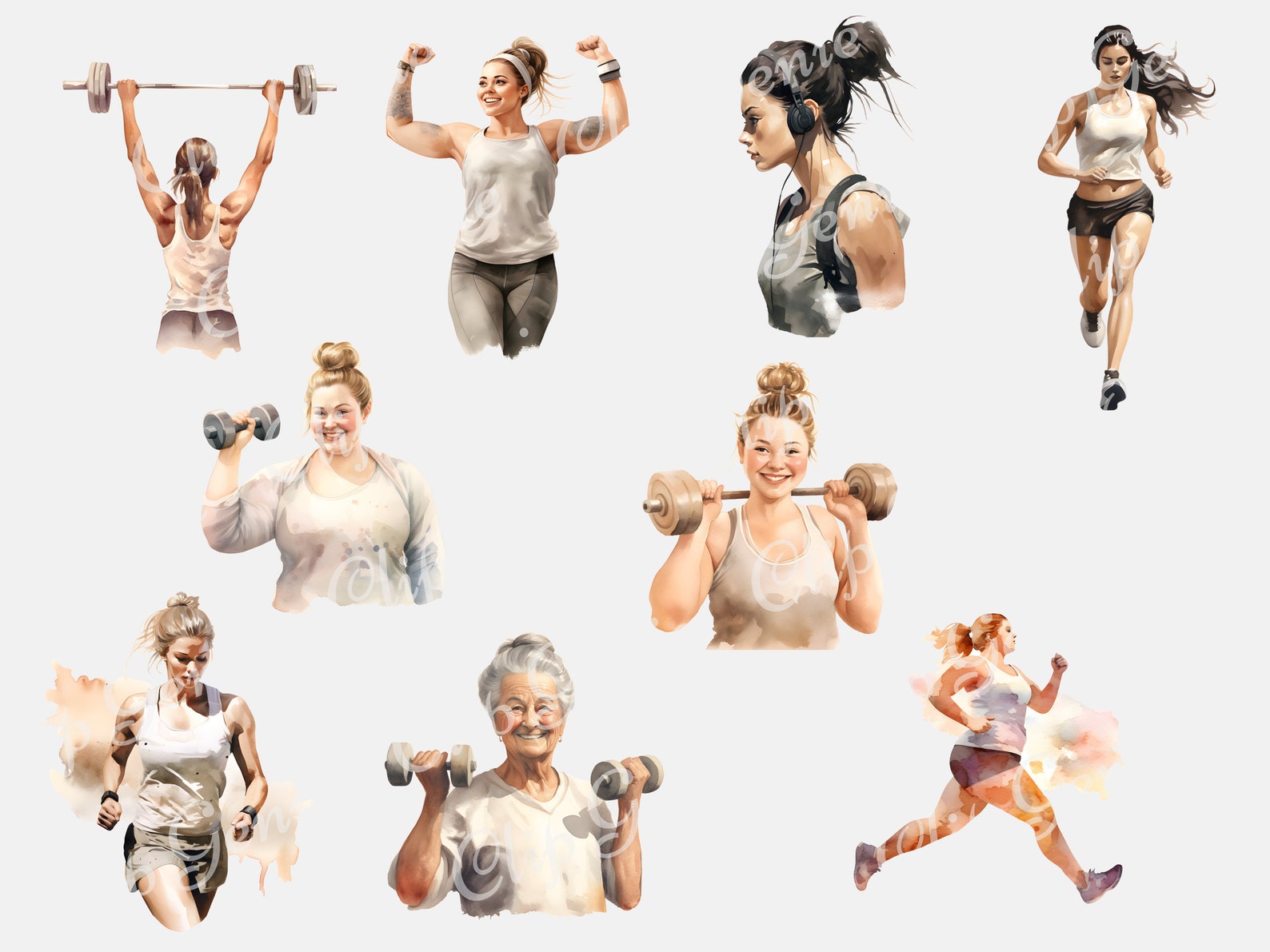 Workout Women Clipart, Watercolor Fitness PNG, Gym Equipment PNG ...