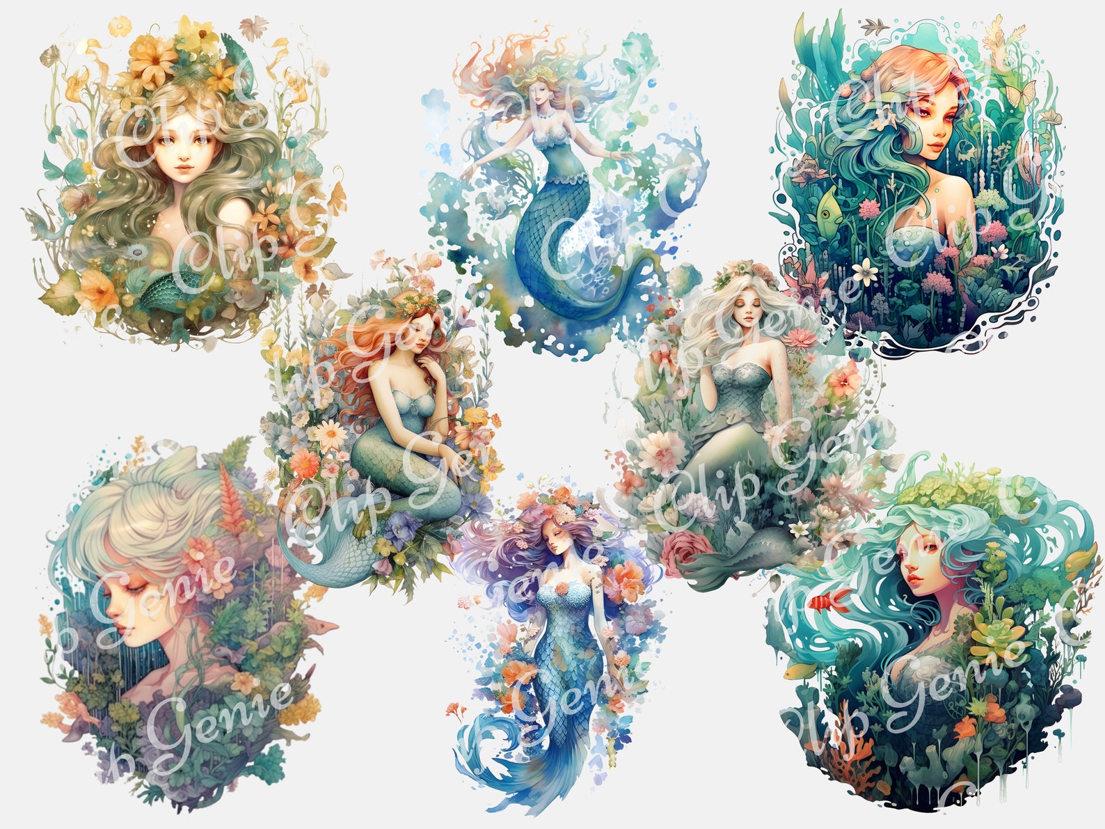 Colorful Mermaids Clipart Watercolor Mermaids Clipart - Etsy