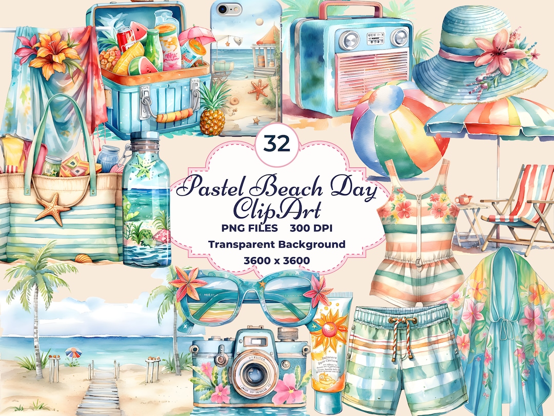 Pastel Beach Day Clipart, Watercolor Beach Vacation PNG, Summer Beach ...