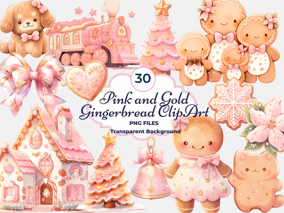 Pink and Gold Gingerbread Clipart, Cute Gingerbread PNG, Gingerbread ...