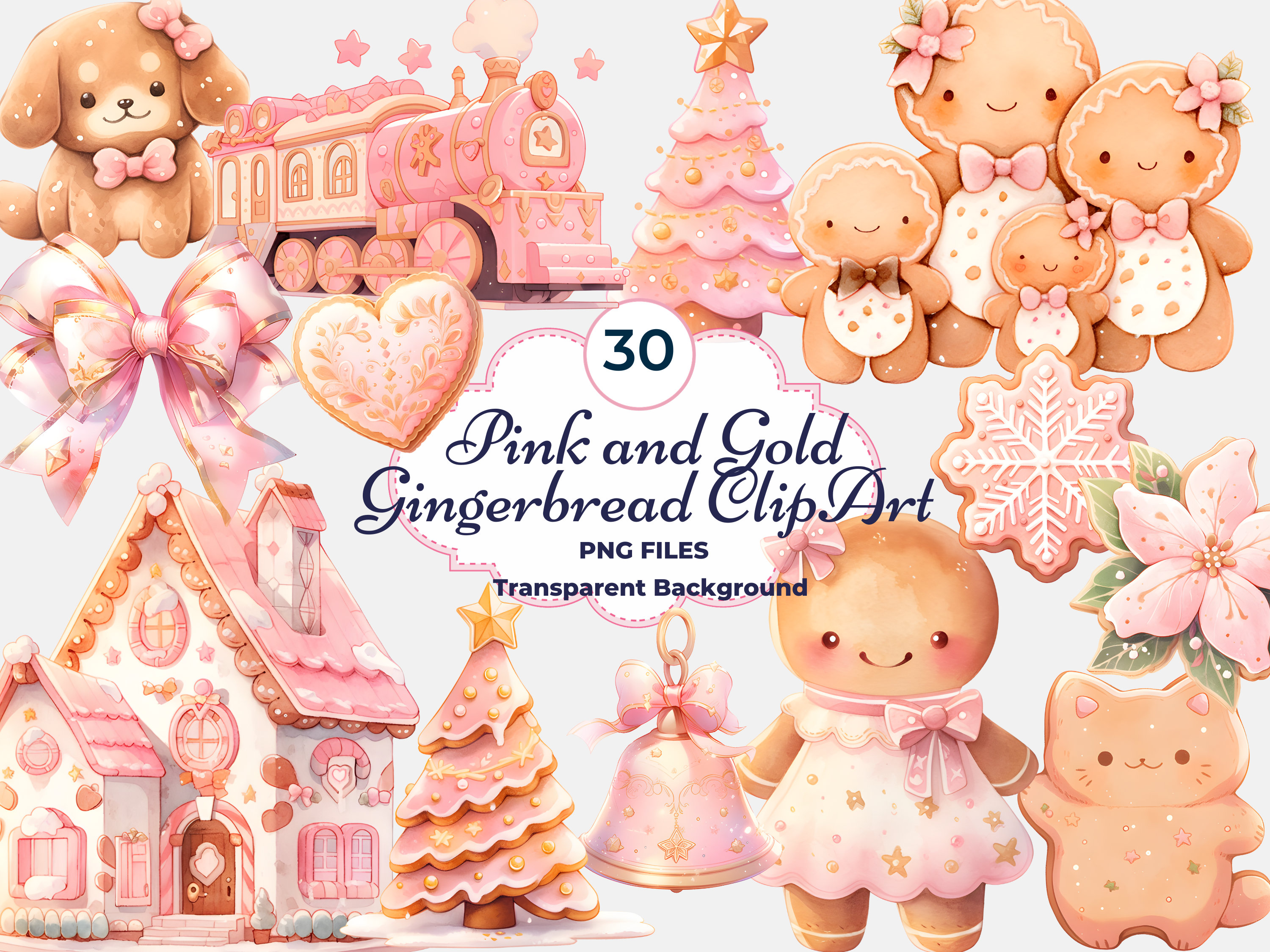 Pink and Gold Gingerbread Clipart, Cute Gingerbread PNG, Gingerbread ...
