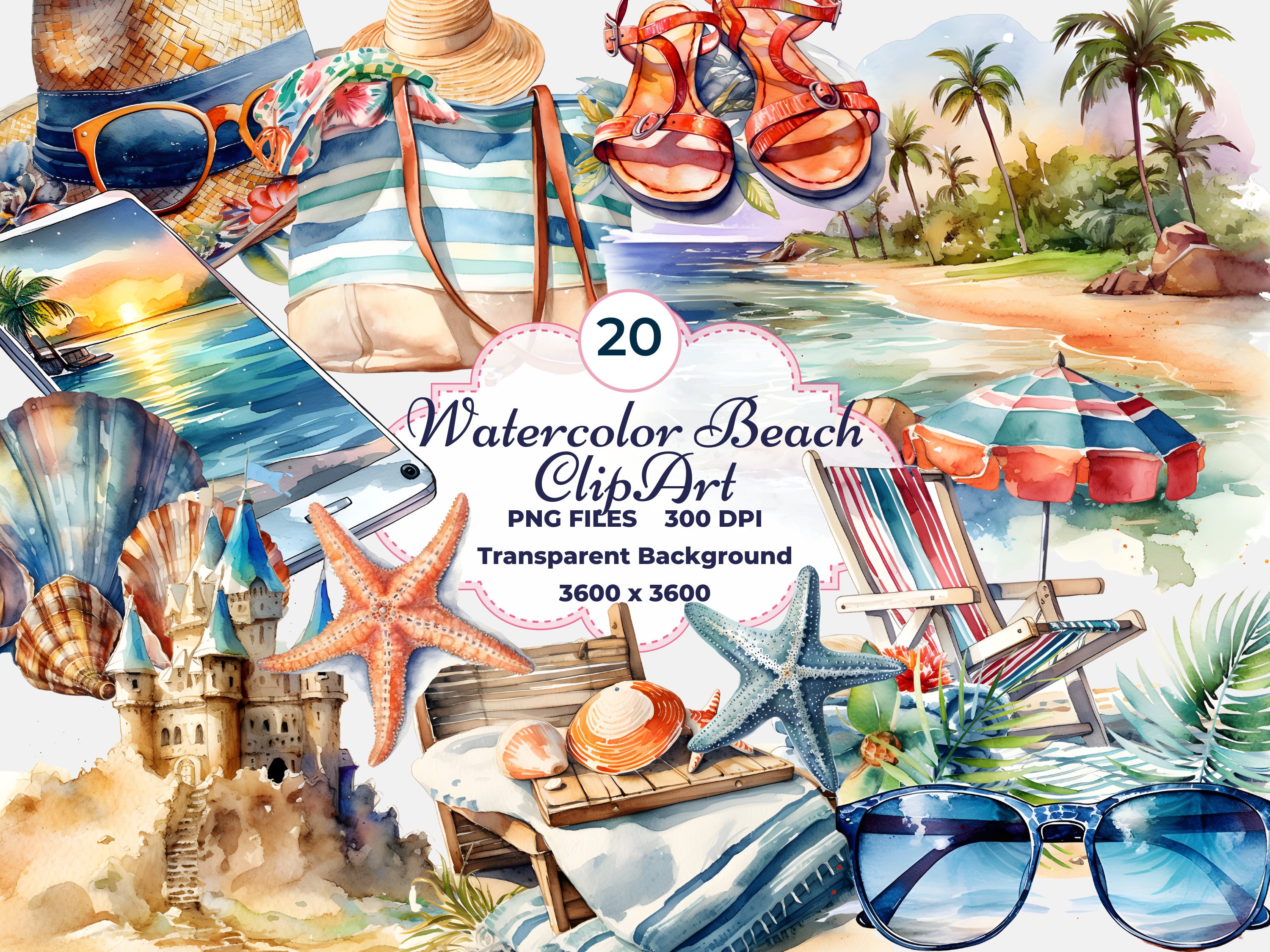 Watercolor Beach Clipart Watercolor Summer Beach Clipart - Etsy