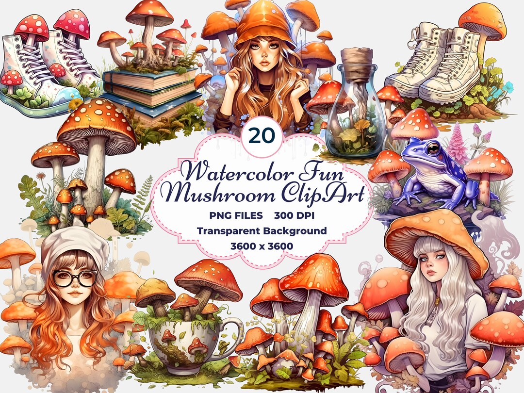 Watercolor Fun Mushroom Clipart, Mushroom Girl PNG, Whimsical Mushroom ...