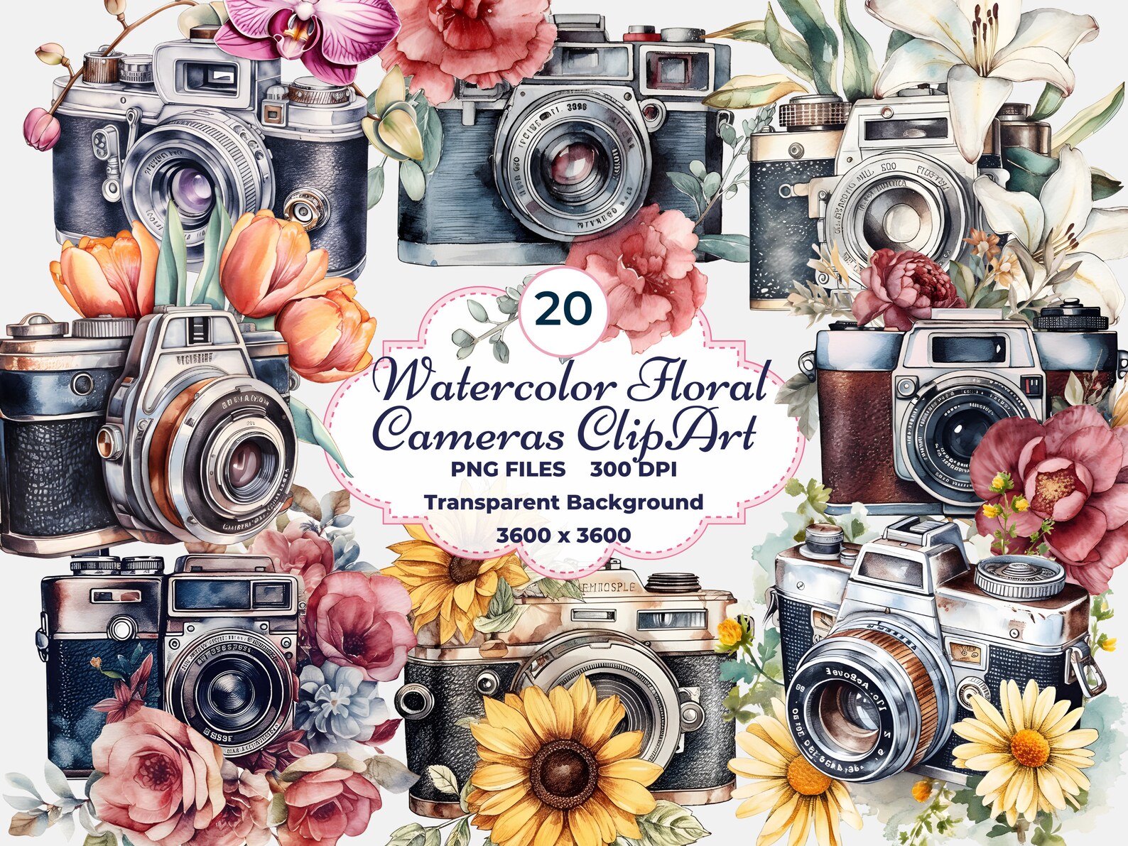 Watercolor Floral Cameras Clipart, Floral Vintage Cameras Clipart ...