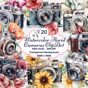 Watercolor Floral Cameras Clipart, Floral Vintage Cameras Clipart ...