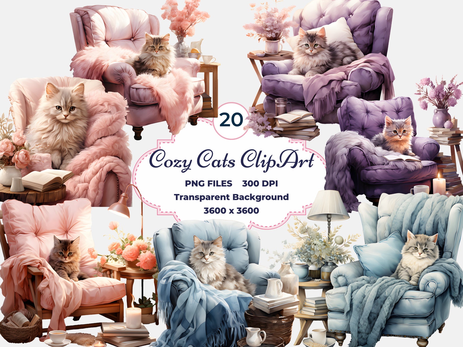 Cozy Cats Clipart Cute Kitty PNG Cats on Armchair Clipart - Etsy
