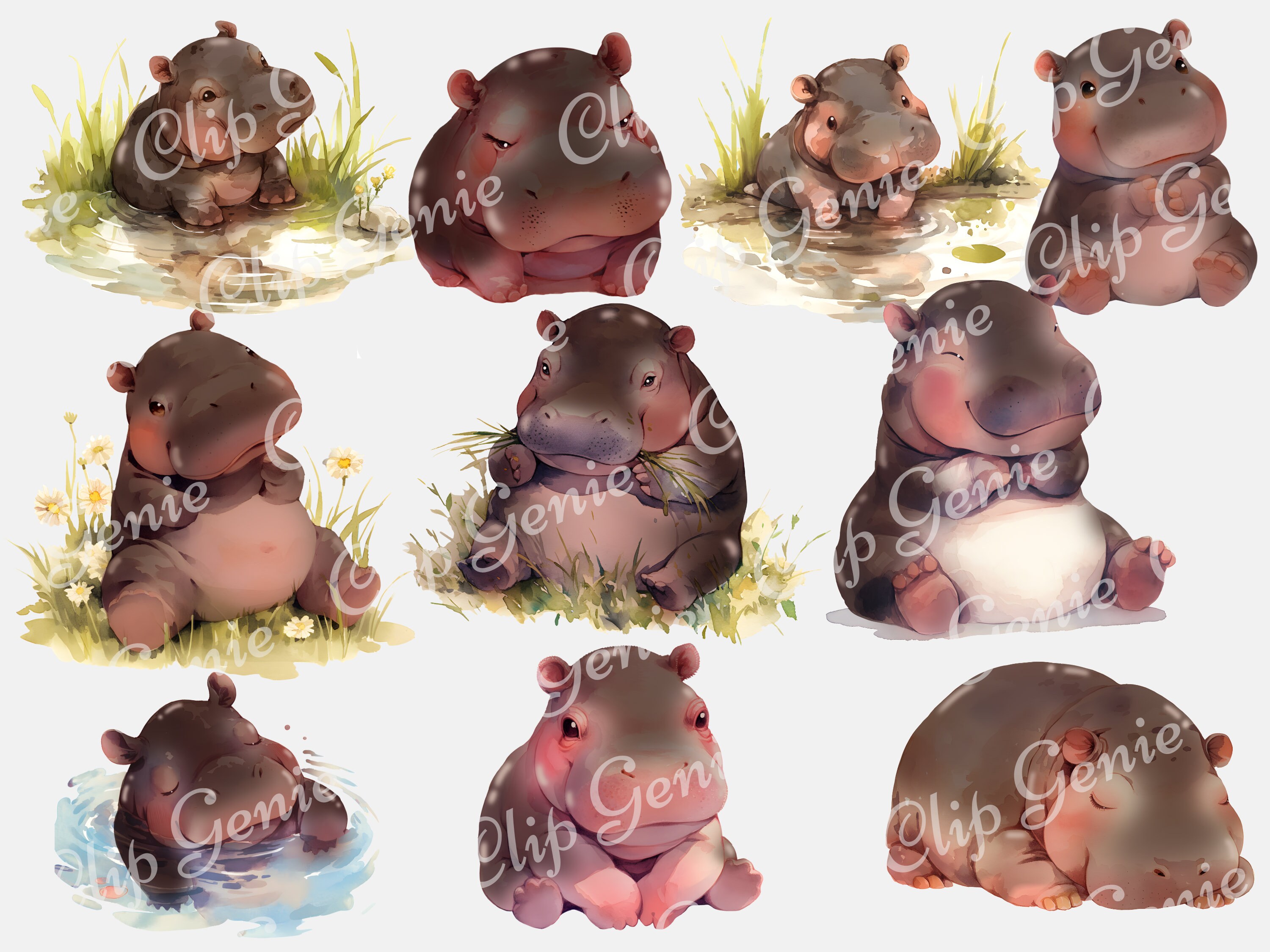 Watercolor Baby Hippo Clipart, Pygmy Hippo PNG, Transparent Background ...