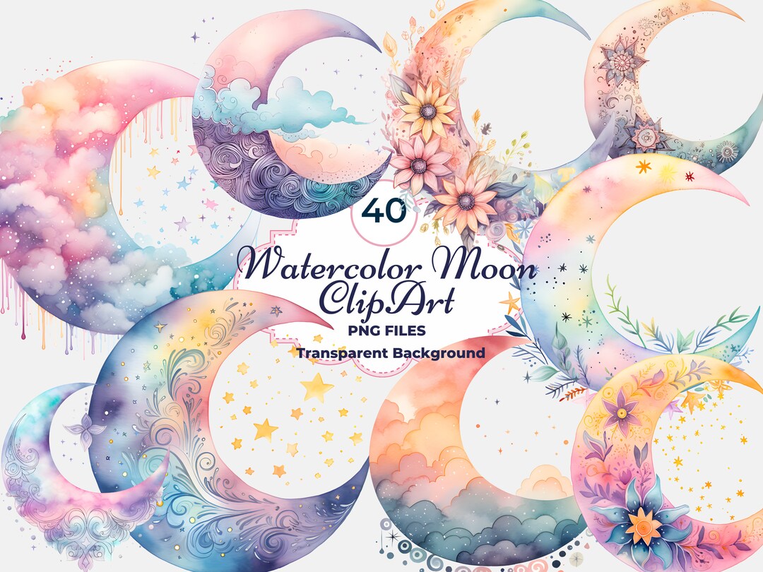 Watercolor Moon Clipart, Cute Moon PNG, Nursery Decor, Baby Shower ...