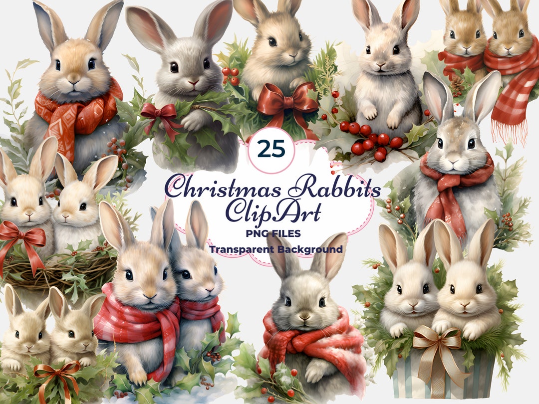 Christmas Rabbit Clipart, Holiday Bunny PNG, Holly and Pine Rabbit ...